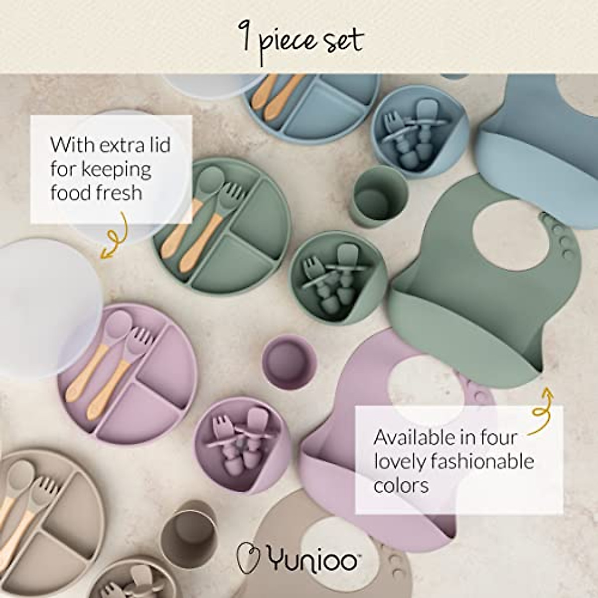 Yunioo Silicone Baby Feeding Set | 9 Piece Baby Led Weaning Set | Microwave, Oven & Dishwasher Safe Silicone | Suction Bowl & Plate | Bib, Training Cup, Plate Lid, & Toddler Utensils | Dusty Mauve