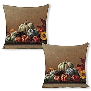 JOJOART Colourful Pumpkins Throw Pillow Covers 18×18 Pillowcases Set of 2 Thanksgiving Linen Decorative Square Pillow Case Cushion Covers Standard Size for Sofa Couch Outdoor Bed Pillow Protectors