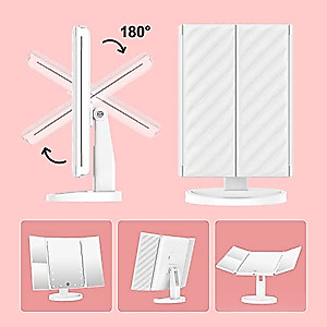 Vanity Mirror with Lights, Lighted Makeup Mirror with 2X 3X 10X Magnification, 21 LED Trifold Compact Touch Dimming Light Up Mirror, Dual Power Supply, Gifts for Women (White)