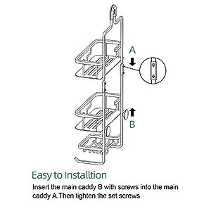 UDENIS Haning Shower Cadddy Bathroom Organizer for Shampoo,Conditioner,Soap,with Hooks for Razors,Towels,Over Shower Head Shelf Aluminum 3Tier black