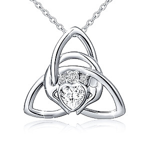 FLYOW 925 Sterling Silver Good Luck Irish Claddagh Celtic Knot Love Heart Pendant Necklace for Women Ladies Birthday Valentine's Day Graduation Christmas, 18 Inch Rolo Chain