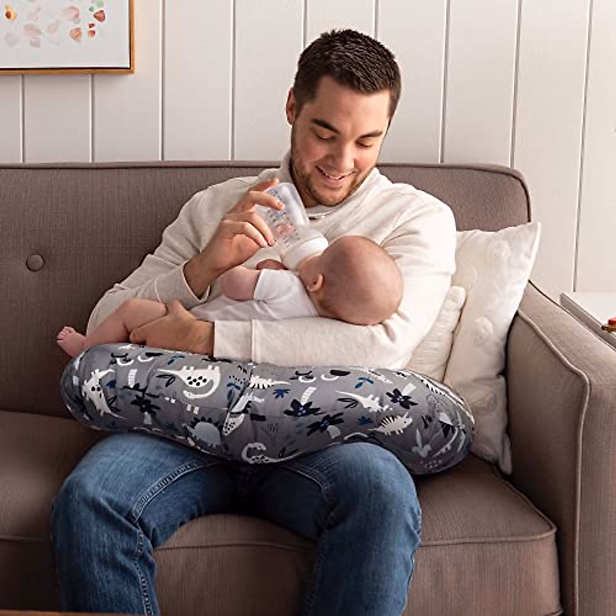 Boppy Original Support Nursing Pillow, Gray Dinosaurs, Ergonomic Breastfeeding, Bottle Feeding, and Bonding, Firm Hypoallergenic Fiber Fill, Removable Cover, Machine Washable