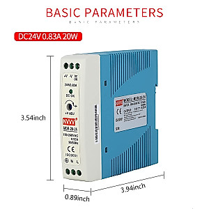 NVVV MDR-20-24 AC to DC DIN-Rail Power Supply, 24V, 1 Amp, 24W, 1.5"