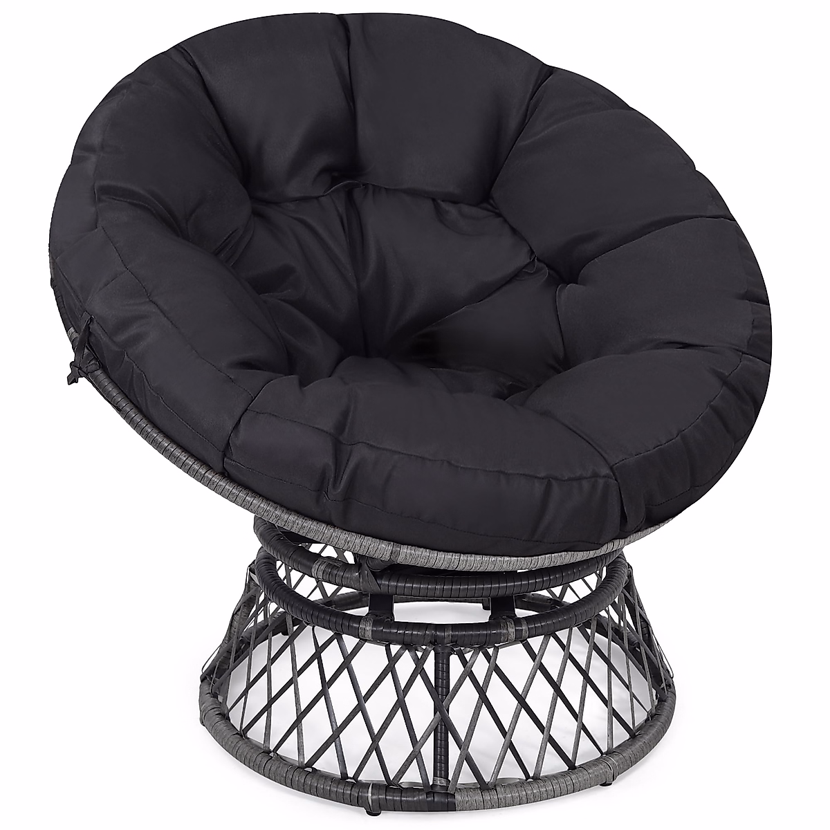 KROFEM 37" Wicker Papasan Circle Chair 360° Swivel, Indoor Outdoor Furniture, Ideal for Teenagers, Frame with Black Thick Cushion