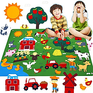 Tucimibo Farm Animals Felt Story Board Set 34Pcs, Flannel Storytelling Farmhouse Themed Activity Playmat Kit Wall Hanging Gift for Toddlers Kids Early Learning Educational Game Rug 3.5 * 2.5Ft