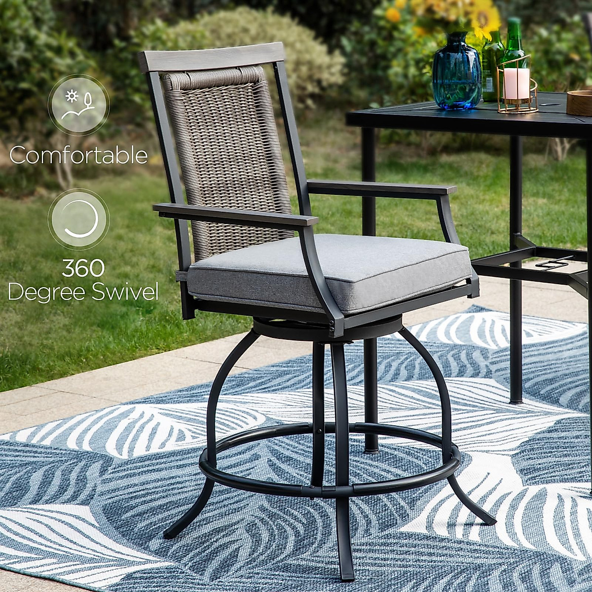 PHI VILLA 4 pcs Outdoor Bar Chairs (24" Seat Height) with Rattan Backrest, Counter Height Patio Chair with 3.5" Padded Grey Cushion,All Weather for Garden,Yard,Lawn