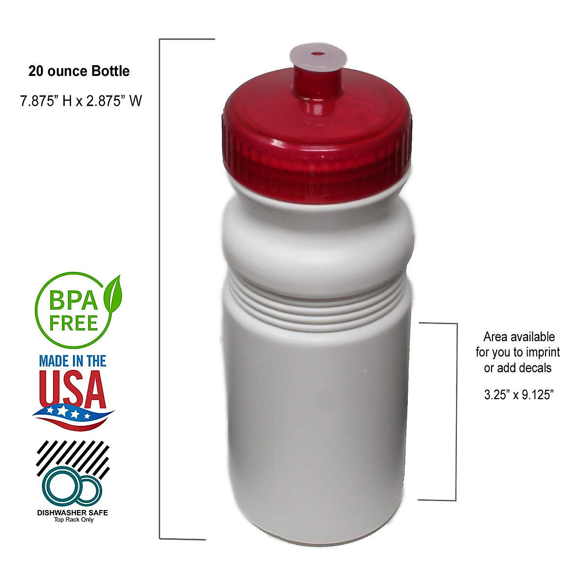 Rolling Sands 20 Ounce Sports Water Bottles 6 Pack, BPA-Free, Made In USA, Dishwasher Safe, White Bottles/Variety