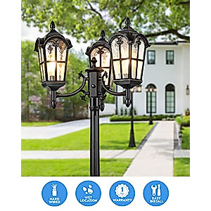 VIANIS 3-Head Outdoor Lamp Post Light Fixture, Black Outdoor Light Dusk Dawn Sensor for Lamp Post, Waterproof Anti-Rust Aluminum Housing with Tempered Glass, Street Light for Garden, Patio, Driveway