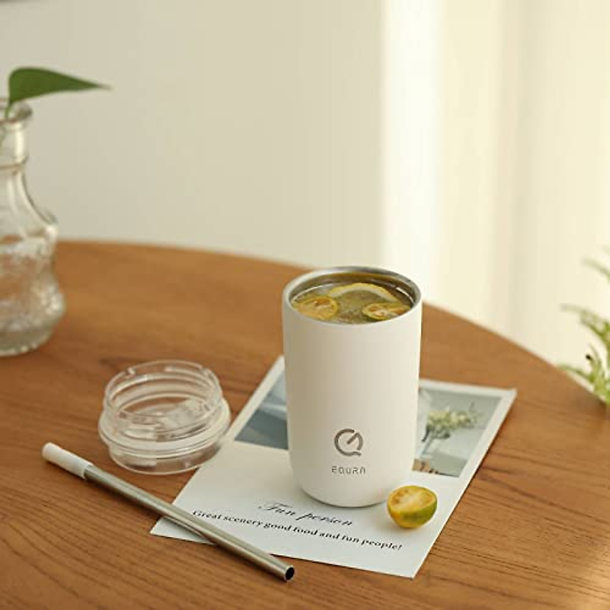 EQURA Coffee Mug with Straw, 9.5Oz Reusable Coffee Cup, 9 Hours Keeps Hot/Iced Beverage, Sweat Proof, Insulated Coffee Mug for Travel/Office/Camping (White)