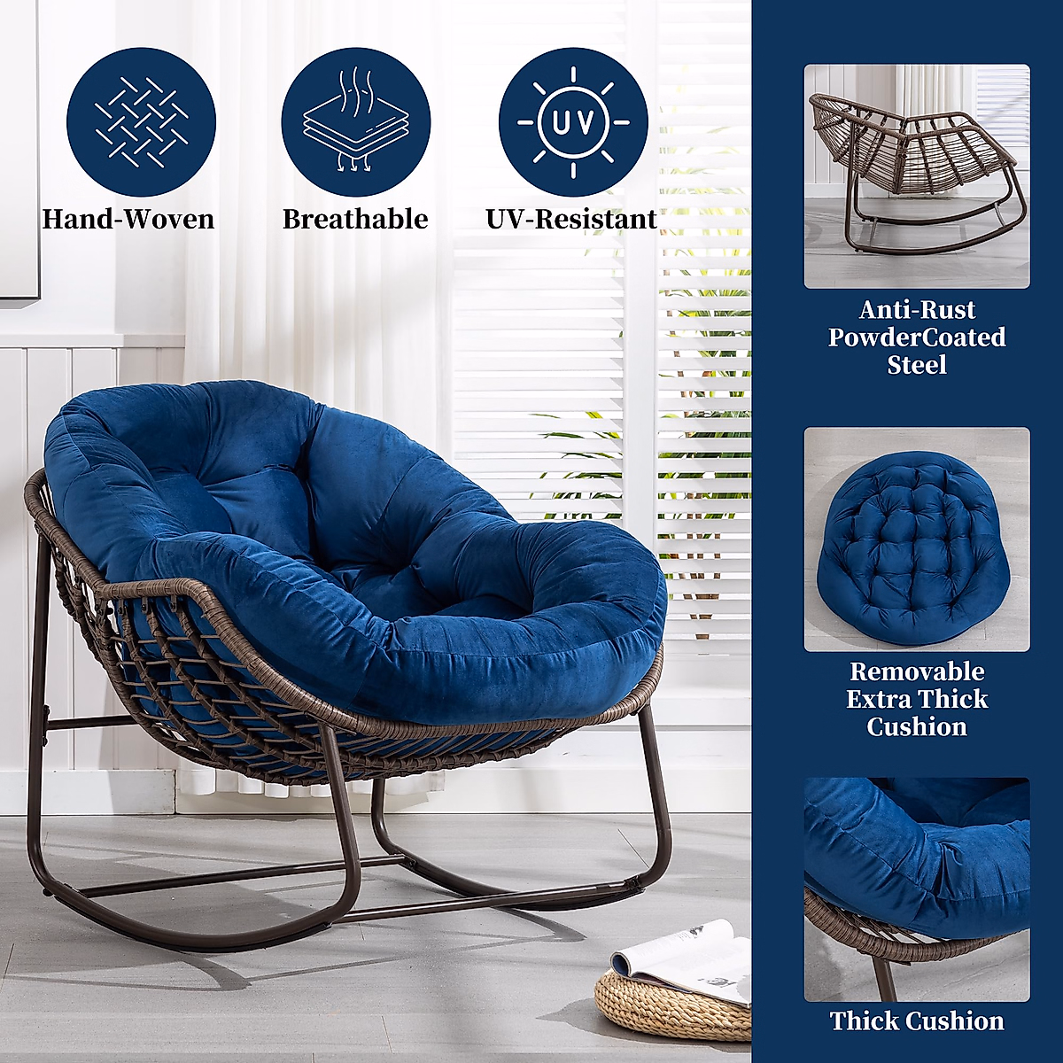 QQU Patio Rocking Chairs Set of 2，Indoor & Outdoor Wicker Rocker Chairs with Padded Cushion, All-Weather Rattan Chair with Steel Frame, Modern Lounge Egg Chair, Front Porch, Backyard,A-Navy