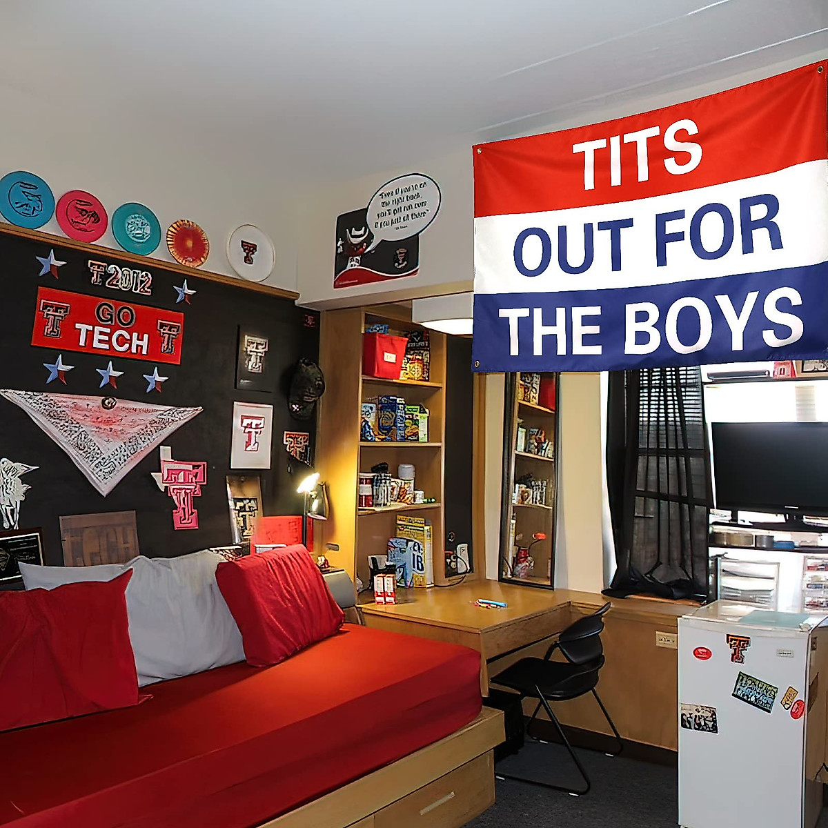 ZKflager Tits Tots Out for the Boys Flag Funny Meme Flags Banner 3x5 Ft Cool Flags for College Dorm Room Guys Man Cave Frat Bedroom