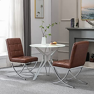 LukeAlon PU Leather Dining Chairs Set of 2, Upholstered Button Tufted Dining Room Chairs with Metal Legs Modern Armless Dinner Chairs Comfy Side Chairs for Kitchen, Brown