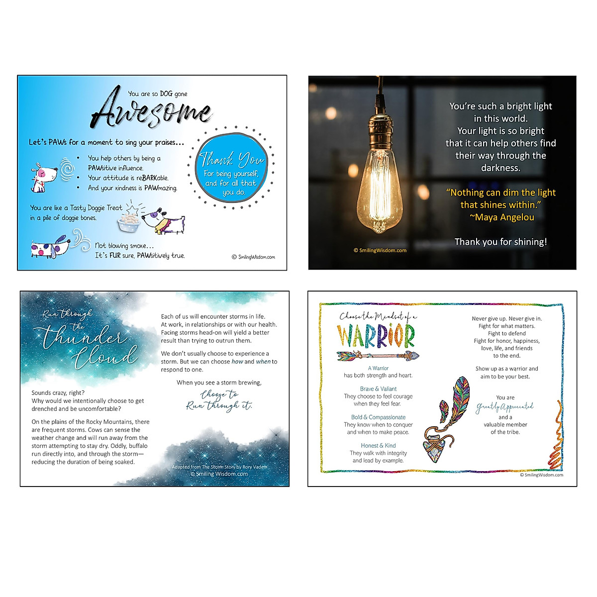 Smiling Wisdom - Bulk 40 Gift Sets - 4 Different Sets of 10 - Quarterly Gifts - Encouraging Praising Employee Volunteer Student Appreciation Cards Envelopes - 120 Pcs - Storm Puppy Warrior Light