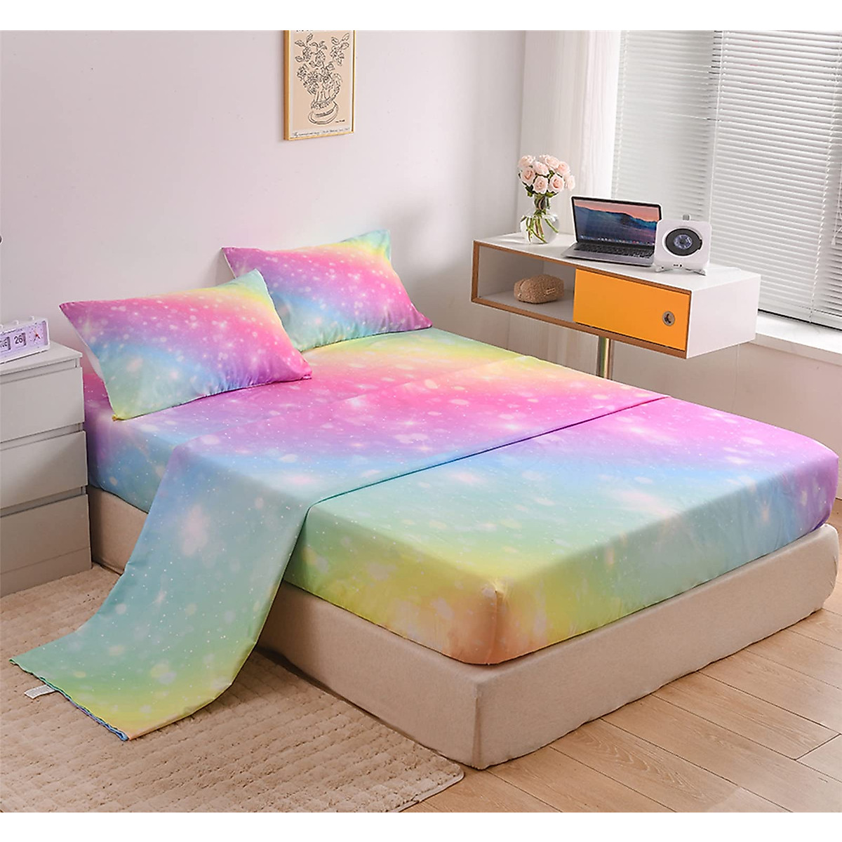 URLINENS Rainbow Sheets Twin Size 3 Piece, Tie Dye Pastel Girls Sheet Set for Kids Teens, Glitter Fun Girly Bed Sheets Soft Microfiber Rainbow Bedding Set 1 Fitted Sheet 1 Flat Sheet 1 Pillowcase