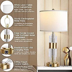 QiMH Gold Table Lamp for Living Room, Bedside Lamps for Bedrooms with Touch Control USB Ports, Modern Nightstand Lamp White Shade Home Lighting Decor (2700K LED Bulb Included)
