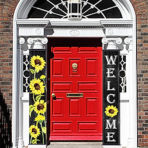 Sunflower Hanging Banners Spring Welcome Porch Banners Flags Fall Door Banners Flag Summer Hanging Banner for Front Door Garden Home Yard Sunflower Party Decorations (Black Background)