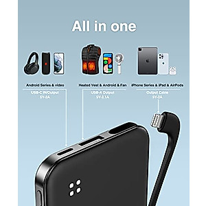 4500mAh Built in Cable Cell Phone External Battery Pack, Portable Phone Charger Power Bank 5V 2.1A Charging Mobile Phone Charger USB-C In/Out Compatible with iPhone 6/7/8/X/11/12/13/14, Heated Vest