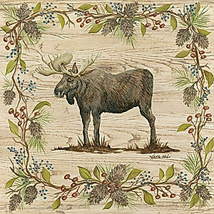 Rustic Pine Cone and Berry Bordered Moose and Bear Set; Cabin Lodge Decor; Two 12x12in Brown Framed Prints; Ready to hang!