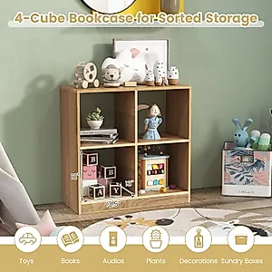 Tangkula 4-Cube Bookcase, Freestanding Open Bookshelf, 2 Anti-Tipping Kits, Home Office Modern Cube Storage Wooden Display Shelf for Living Room Kids Room, Easy Assembly (Natural, 29 x 13 x 29 Inch)