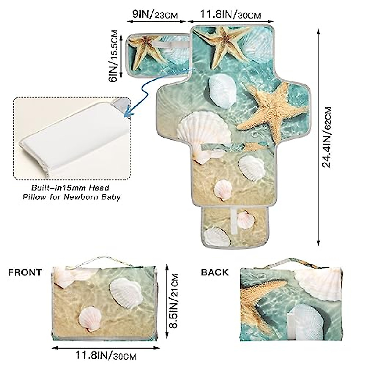 Sea Shell Starfish Portable Baby Changing Pad Diaper Changing Table Pad Foldable Waterproof Travel Changing Station with Built-in Pillow for Baby Gifts Stuff Newborn