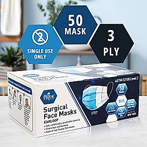 MED PRIDE 3-Ply Face Masks For Adults [Pack of 50] Disposable Breathable Face Mask With Earloops- Comfortable Non-Woven Highly Protective Medical-Grade Face Cover For Men & Women- Blue