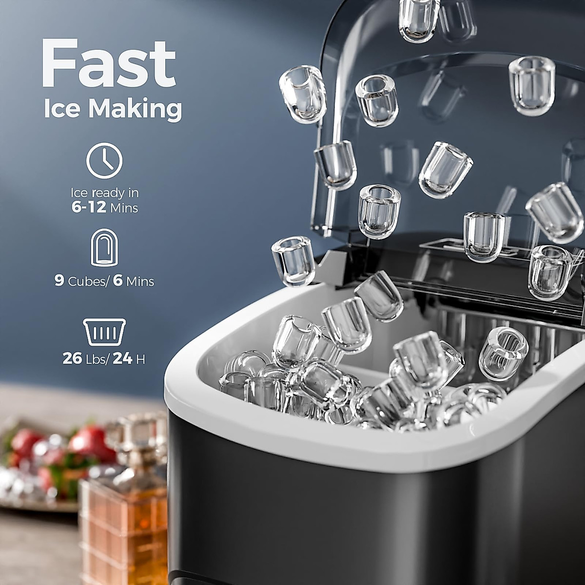 Electactic Ice Makers Countertop,26Lbs/24H,9 Cubes in 6 Mins,Portable Ice Maker Machine with Self-Cleaning,2 Sizes of Bullet Ice,Perfect for Home Kitchen(Black)