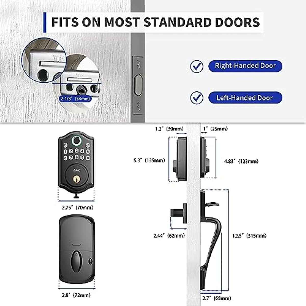 AIMO Fingerprint Door Lock，Keyless Entry Door Lock with Keypad，Full-Metal Electronic Deadbolt，IP65 Waterproof，Auto Lock, Anti Peeking Password, Easy Installation, D1，Matte Black
