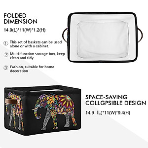 ALAZA Decorative Basket Rectangular Storage Bin, Cheerful Indian African Elephant Boho Organizer Basket with Leather Handles for Home Office