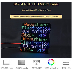 waveshare RGB Full Color LED Matrix Panel 64x64, 4096 RGB LEDs, 2mm Pitch, Adjustable Brightness, Display Text, Colorful Image, Animation,Compatible with Raspberry Pi/Raspberry Pi Pico / ESP32