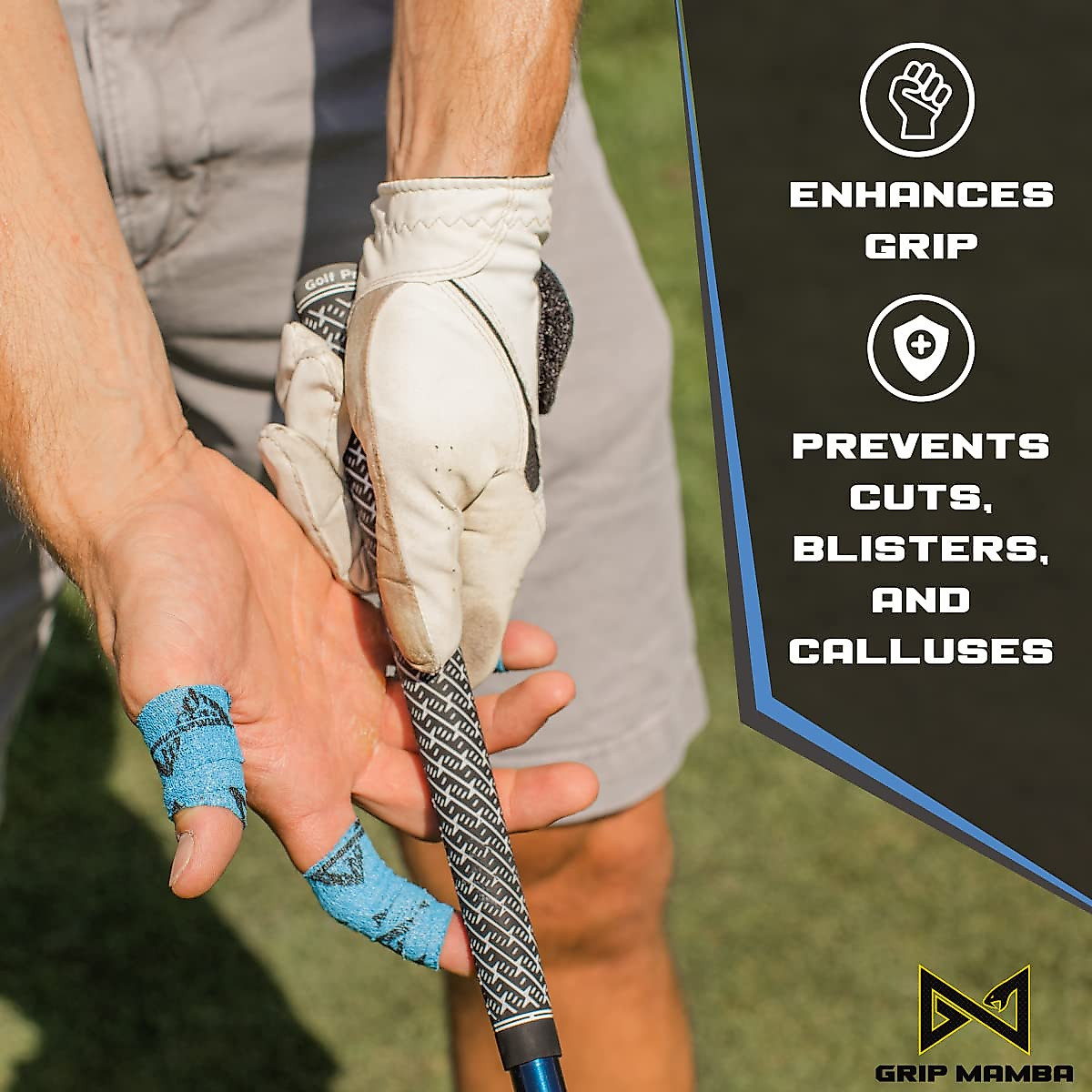 GRIP MAMBA Elastic Athletic Finger Tape, 1”Wide w/Premium Adhesive, Protects Hand Thumb Fingers Enhances Grip, Sleeve Blister Wrap for Sports, Golf, Tennis, Basketball, Pickleball (Blue, 3 Rolls)