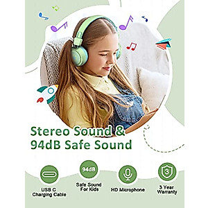 New bee Kids Bluetooth Headphones with Microphone Bluetooth 5.0 Wireless Kids Headphones with 32H Playtime/94dB Volume Limited On Ear Headphones for School/Girls/Boys/iPad/Fire Tablet(Matcha Green)
