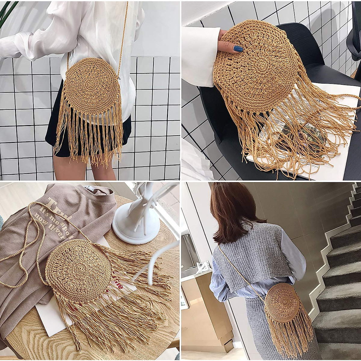 Nice Pies Women Round Handbags Straw Bag holiday beach round bag Tassel Vintage Cotton line Messenger Bag