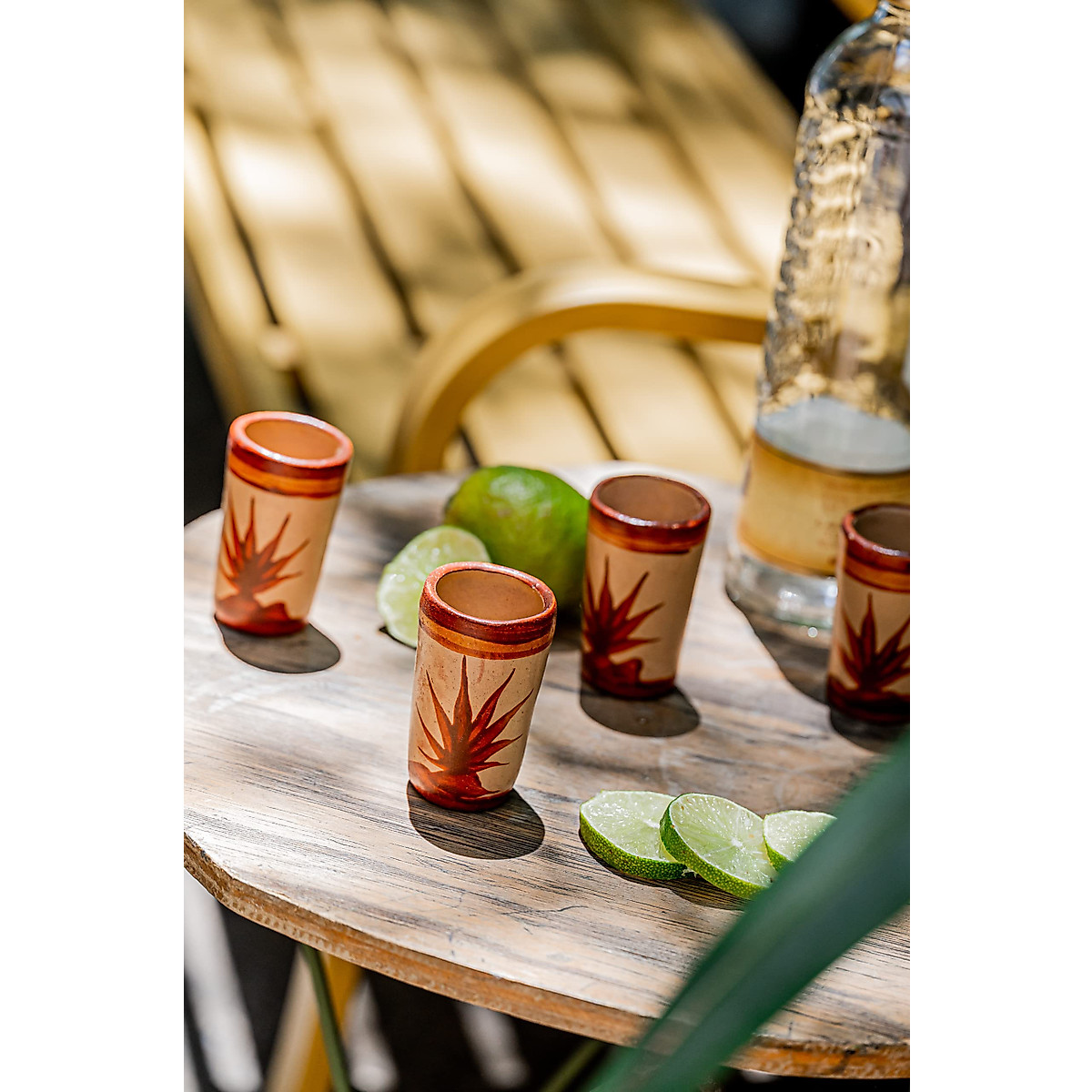 MEXTEQUIL - Tequila Shot Glasses - Set of 4 Terracotta Mexican Shot Glasses - 2 Oz - Natural & Colorful Clay - Barro Canelo & Capulineado - Handcrafted Hand-painted (Agave)