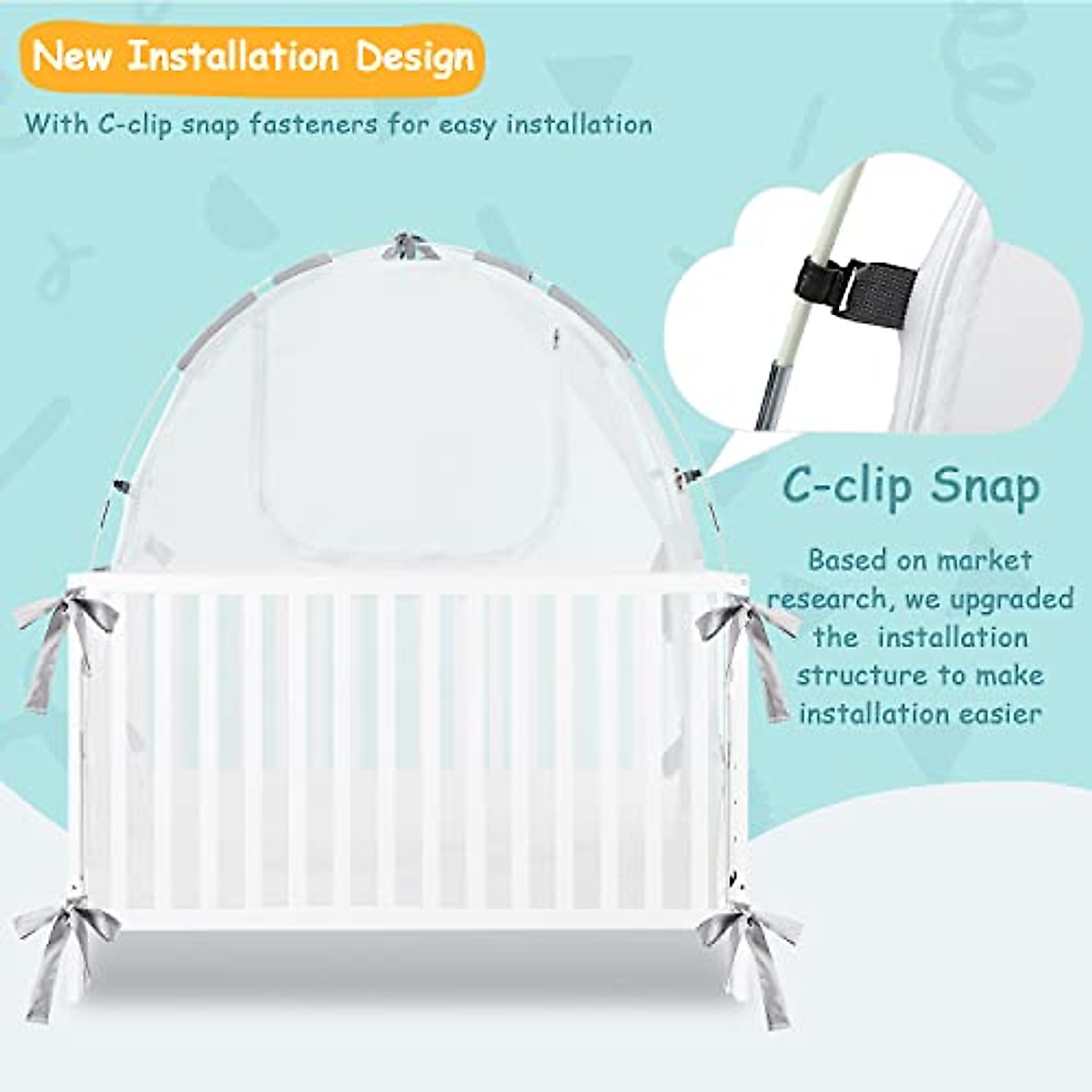 YOMECHEO Baby Crib Tent, Baby Safety Crib Tent to Keep Baby from Climbing Out and Falling, Crib Net to Keep Baby in，Baby Crib Cover Against Cats, Easy Set Up with Stable Rods Structure and Snaps