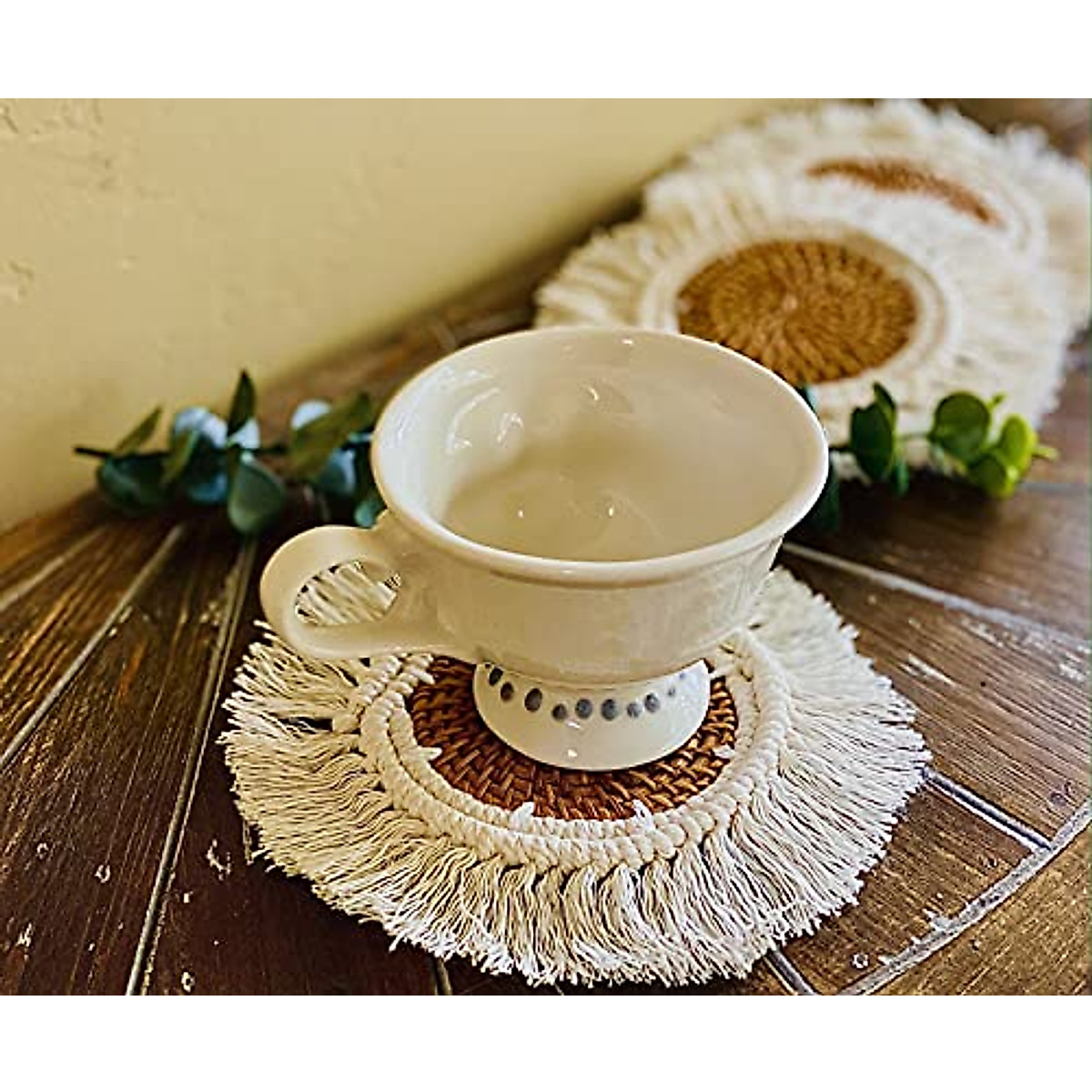 ConspiringUniverse Rattan Macrame Boho Coasters | Bohemian Set of 4 Table Decor Cute Coaster Woven with Flat Absorbent Center for Desk, White, Tan