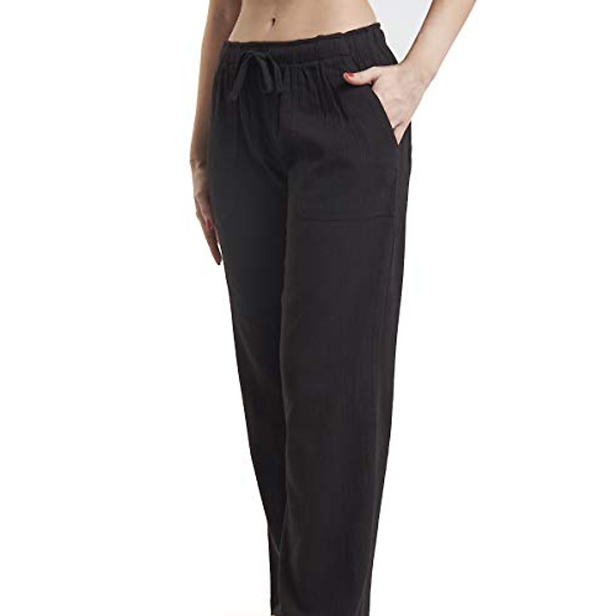 J CE Women's Cotton Gauze Low Waist Beach Pants with Pockets (Black, L)