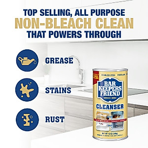 Bar Keepers Friend Powder Cleanser 12 Oz - Multipurpose Cleaner & Stain Remover - Bathroom, Kitchen & Outdoor Use - for Stainless Steel, Aluminum, Brass, Ceramic, Porcelain, Bronze and More (2 Pack)
