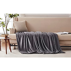 HARBOREST Fleece Bed Blanket with Pompom Fringe Queen Size Dark Grey Blanket,Lightweight Breathable All Season Blanket for Bed, Couch, Travel,90"x90"