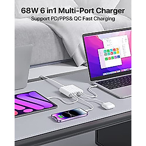 USB C Charger, SooPii 68W Charging Hub, 6 Port USB Charging Station with One 30W PD/PPS Port and One 18W QC Port for Laptops, Phones and Other Electronics, 6 Mixed Charging Cables Included, White