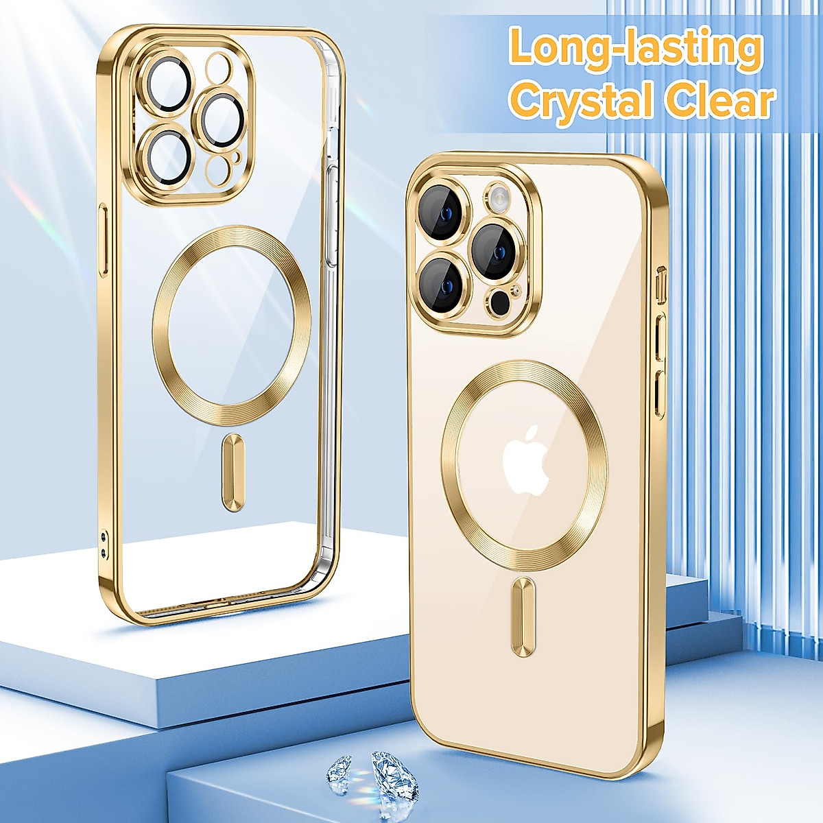 Hython Magnetic Clear for iPhone 13 Pro Max Case with Camera Lens Protector [Compatible with MagSafe] Plating Edge Slim Soft TPU Cover Protective Phone Case for iPhone 13 Pro Max 6.7", Gold