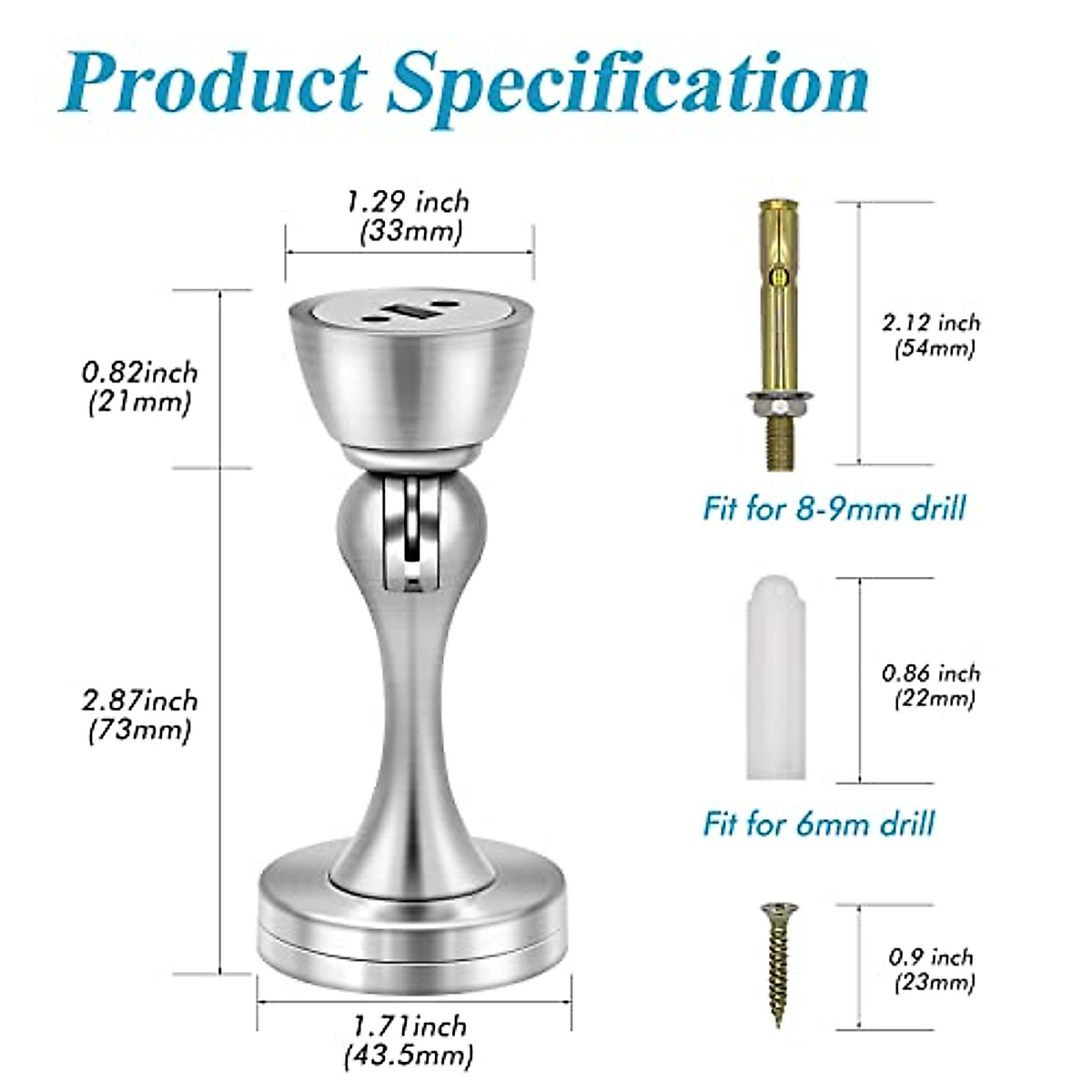 Door Stoppers, 2 Pack Magnetic Door Stop Brushed Nickel Wall Floor Mount Magnetic Door Stopper Heavy Duty Magnetic Door Catch Holder, Stainless Steel, Doorstops for Bottom of Door, Silver