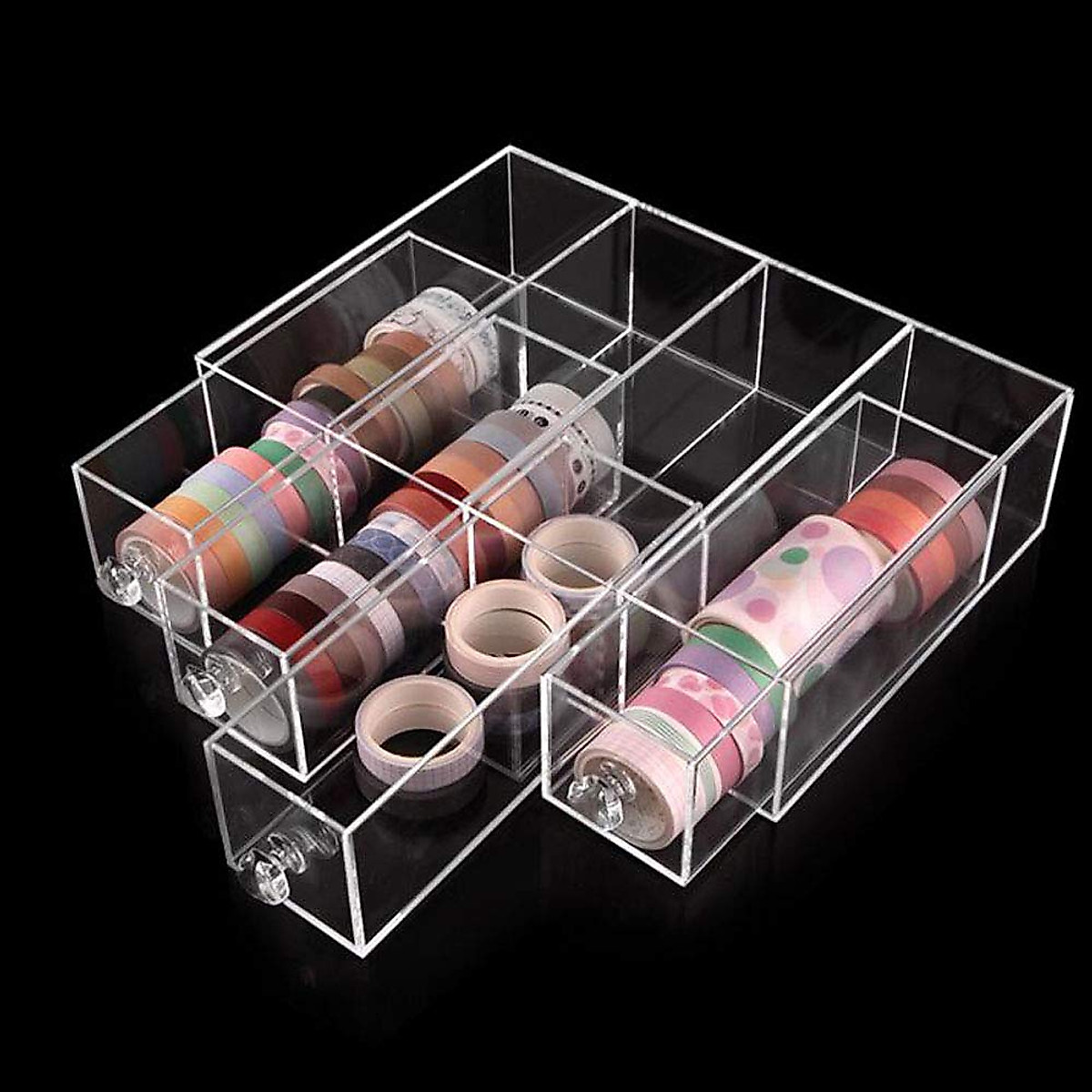 HomDSim 4 Drawers Clear Washi Tape Box Organizer Storage,Divider Closet Container,Holder Storage for Masking Tape Desktop Tape DIY Sticker Roll Tape,for Storing Pens, Erasers,Tape,Push Pins,Pencils