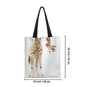 Moslion Giraffe Tote Bag Wild Animal Watercolor Giraffe with Brow White Feather Canvas Bag Large Shoulder Handbag Reusable Shopping Bags for Women Girls School 15x16 Inch