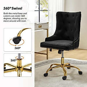 TINA'S HOME Velvet Armless Office Chair with Gold Base & Nailhead Trim, Modern Tufted Upholstered Desk Armchair Swivel Adjustable, Cute Wingback Computer Task Vanity Chair for Women, Black