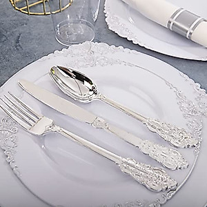 Liacere 350PCS Silver Plastic Plates & Pre Rolled Napkins for 50 Guests, 100 Silver Disposable Plates, 150 Silver Plastic Silverware, 50Cups and 50Napkins for Wedding & Party
