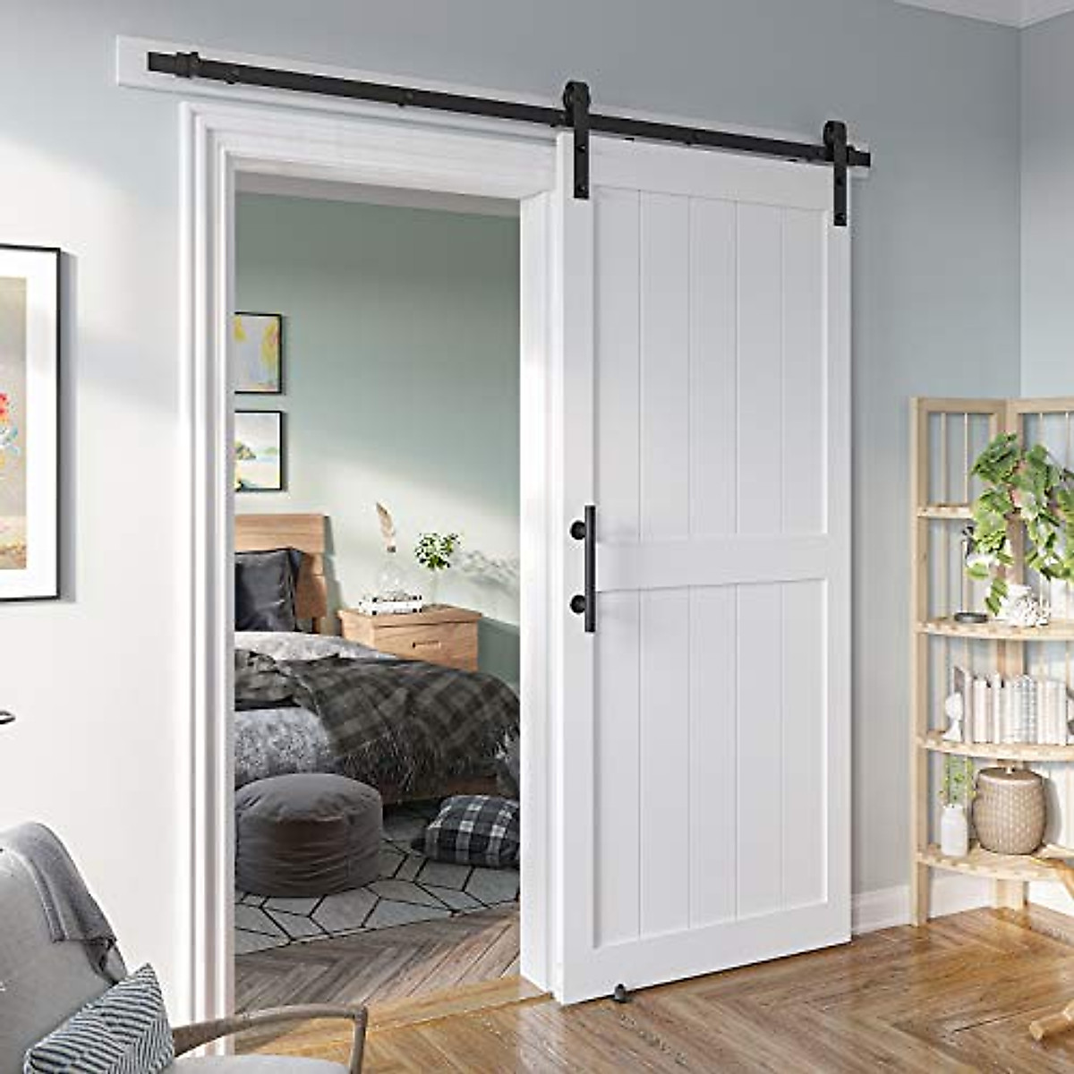 YiHICO 32 x 84in Solid MDF Barn Door(Predrilled & Unassembled Door Panels), with Whole 6ft Sliding Door Hardware Kit, 12in Handle Kit and 2 Floor Guides, PVC Waterproof Coating - White - H Frame