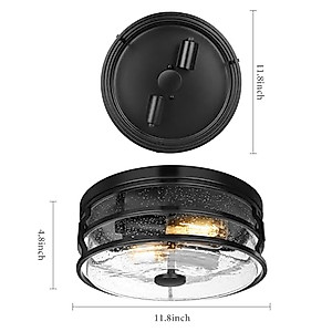 Flush Mount Ceiling Light Fixture, 12 Inch Close to Ceiling Light with Black Metal Cage, Modern Industrial Ceiling Lamp with Seeded Glass for Kitchen Hallway Bedroom Living Room Foyer