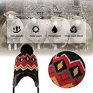 Comhats Winter Thick Peruvian Beanie Hat for Women Girl Wool Warm Ski Earflap Pompom Fur Skull Cap Red