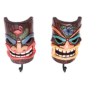 Tiki Mask Wall Hooks, Set of 2 Assorted Designs, Coastal Interior Design, Wall Mounted Decor, 6.5 Inches