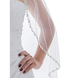 1T 1 Tier Pearls Silver Beaded Wedding Veil - Light Ivory Fingertip Length 36" V413